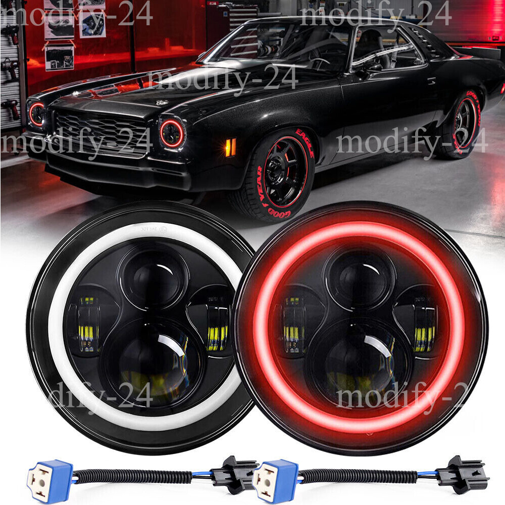 Pair 7" Round LED Headlights Red DRL H4 Fit for Chevy Chevelle 1971 ...