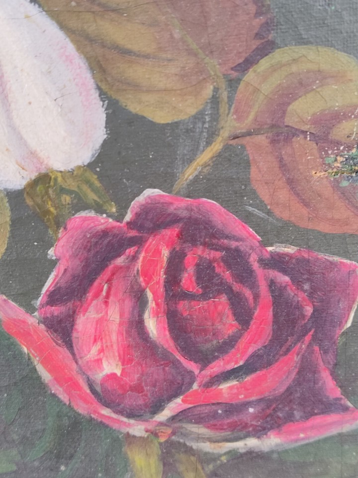 Antique Primitive Oil Painting of a Still Life of Roses Anonymous ...