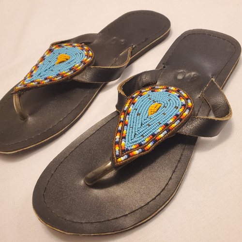 Hand Beaded Flip Flop Sandals Aztec Tribal Southwestern Womens Sz 8 ...