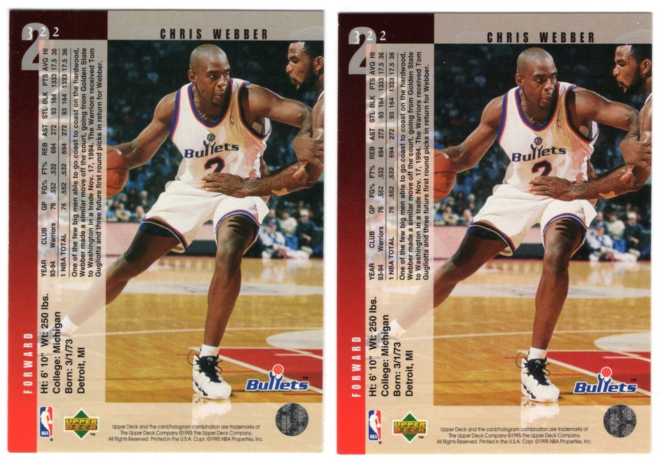 (2) 1995-96 UPPER DECK CHRIS WEBBER CARD #322 LOT **NM-MT** WASHINGTON ...
