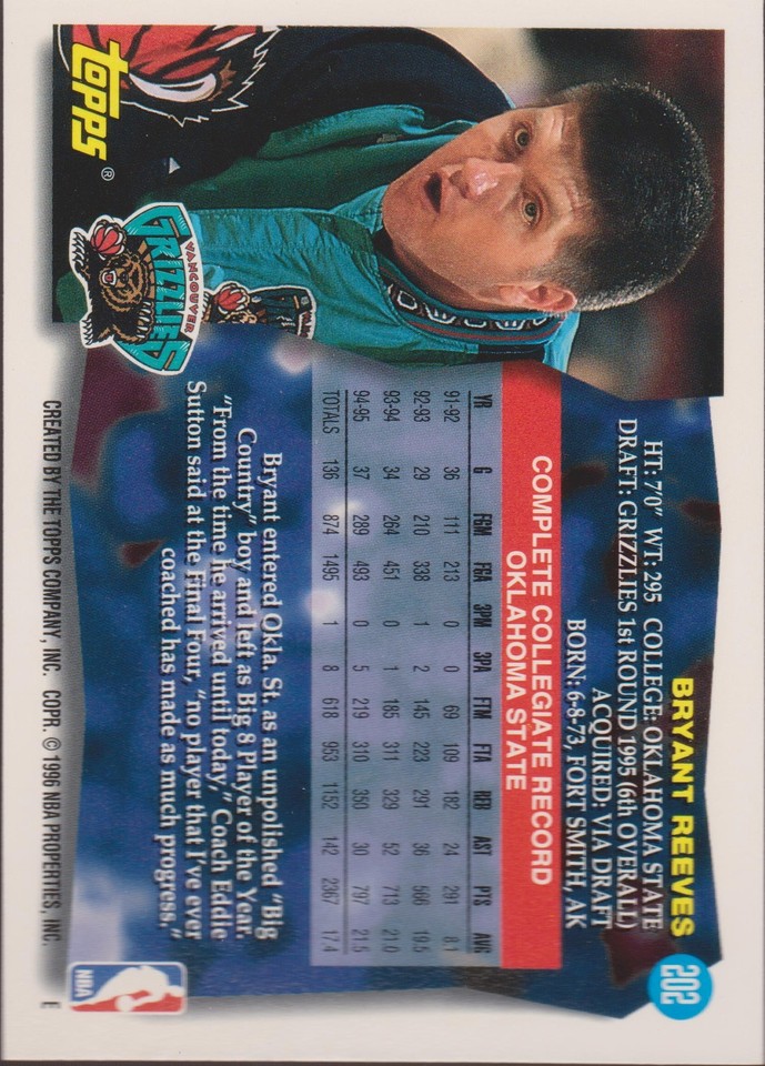 Bryant Reeves Rookie 1995 Topps # 202 Vancouver Grizzlies Basketball | eBay