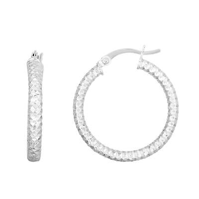 Sterling Silver Diamond Cut/Textured 20mm Linear Hoop Earrings & Hinge ...