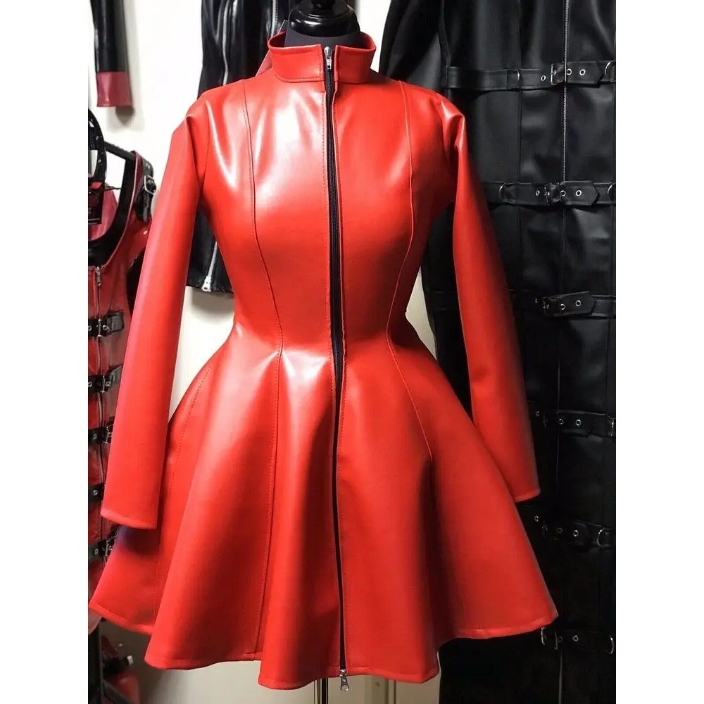 100% Latex Rubber Red Dress Cosplay Costume Long Skirt Front Zip S-XXL ...