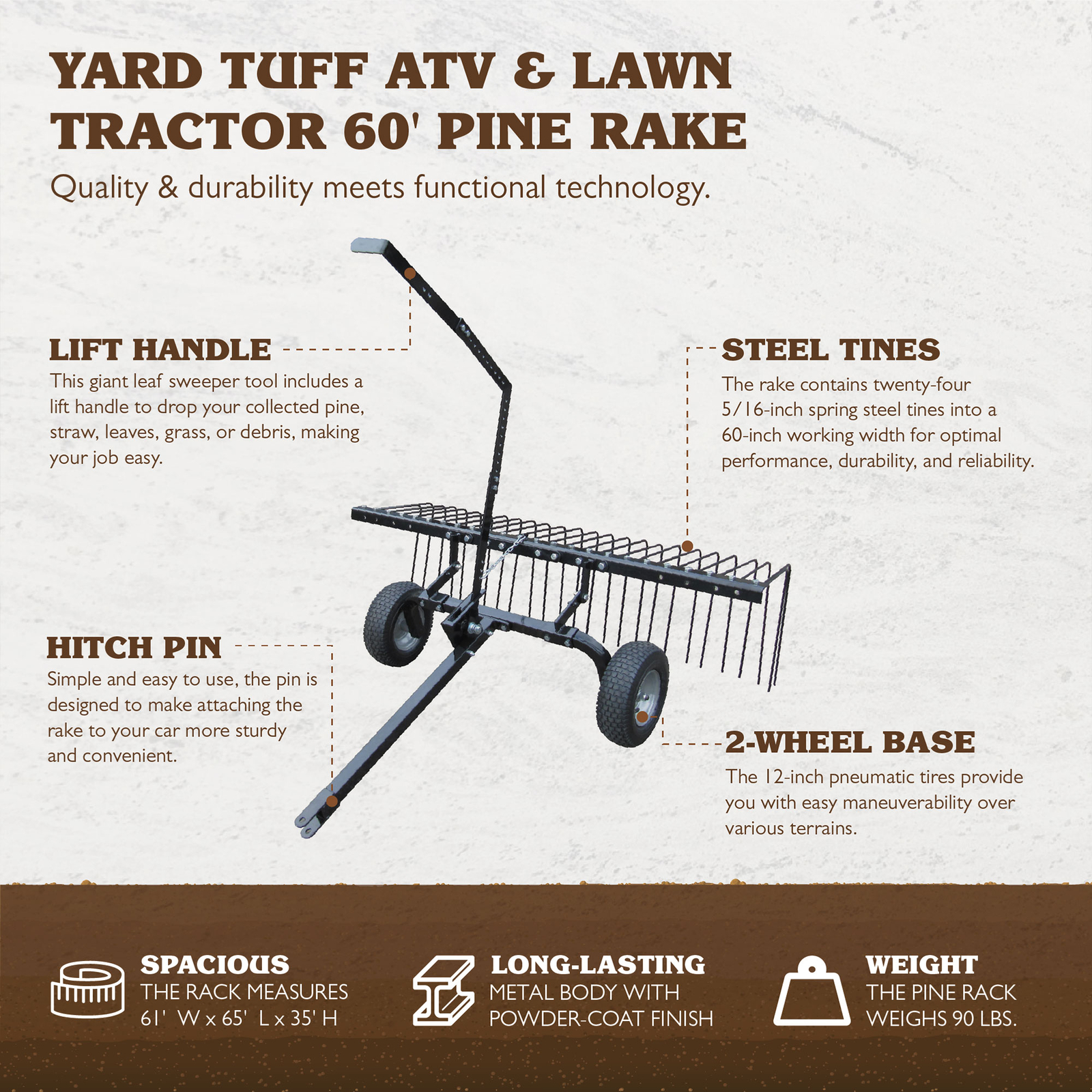 Yard Tuff 60" ATV Tow Behind Steel Lawn Landscape Rake w/ Wheels ...