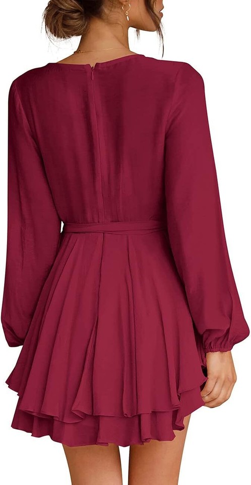 Women Red Mini Dress, Deep V Neck, Long Sleeve Waist Tie Ruffle Red ...