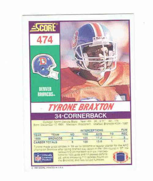 Tyrone Braxton Denver Broncos #34 CB #474 Score 1990 Football Card | eBay