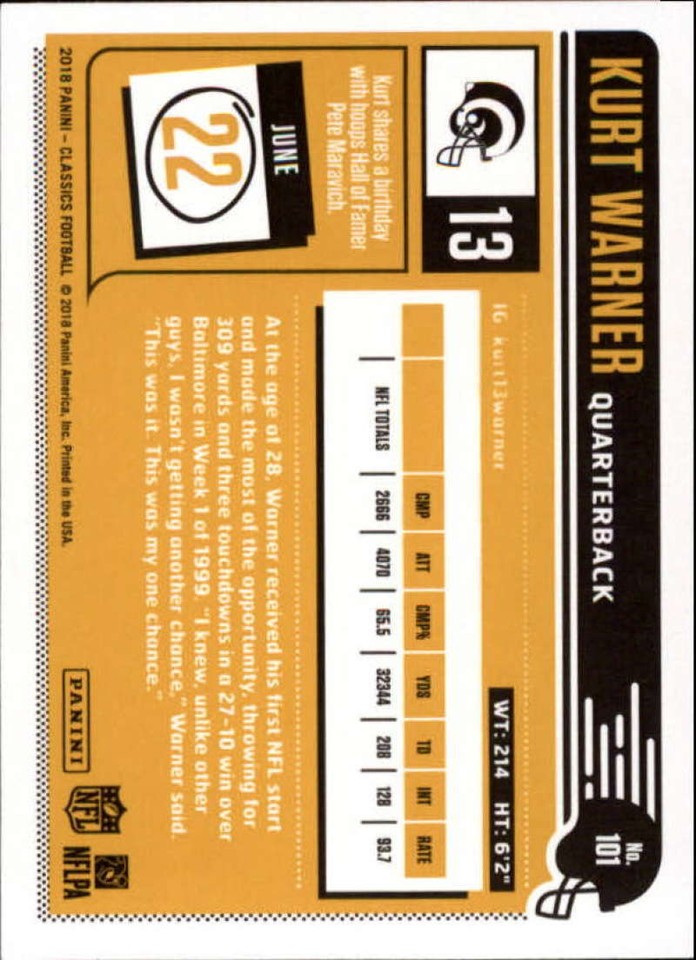 2018 Panini Classics #101 Kurt Warner St. Louis Rams Football Card NM ...