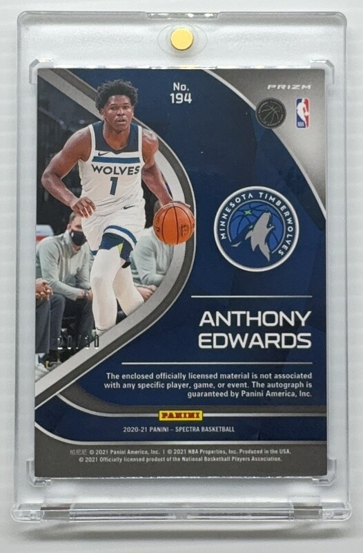 2020-21 Spectra Anthony Edwards Blue Wave Prizm Rookie Patch Auto RPA ...