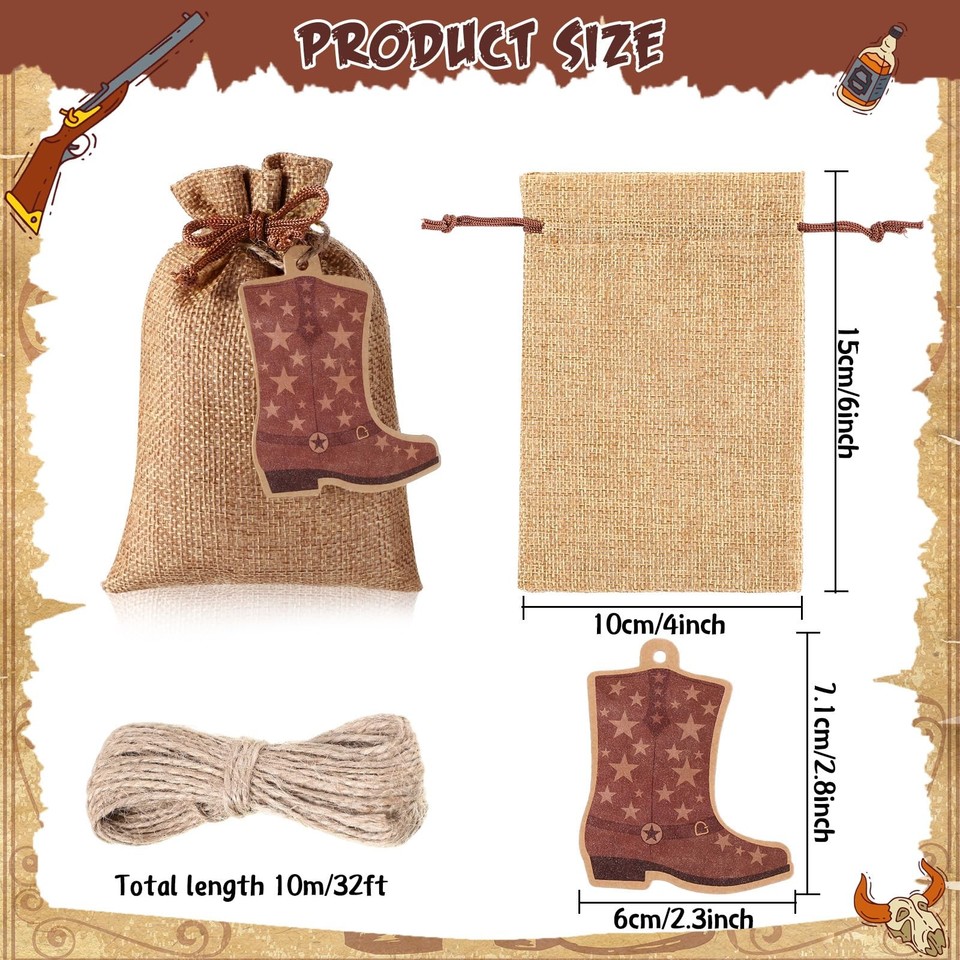 Mooliwe 50 Pcs Burlap Drawstring Bags with Boot Shape Tags, Western ...
