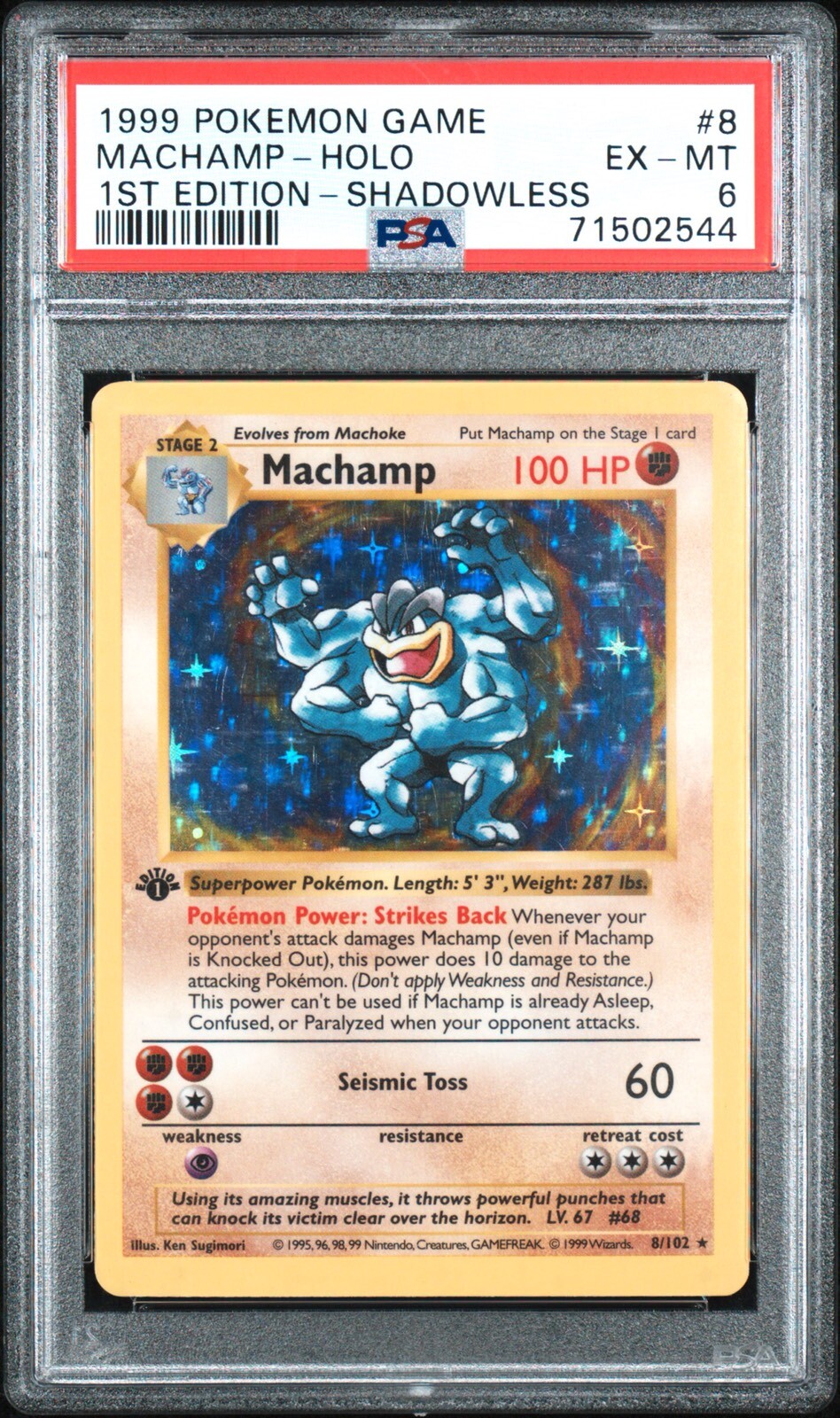 Machamp PSA 6 1st Edition Shadowless Base Set Holo #8 1999 Pokemon Card ...