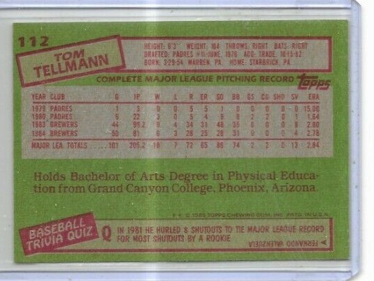 1985 Topps #112 Tom Tellmann Milwaukee Brewers | eBay