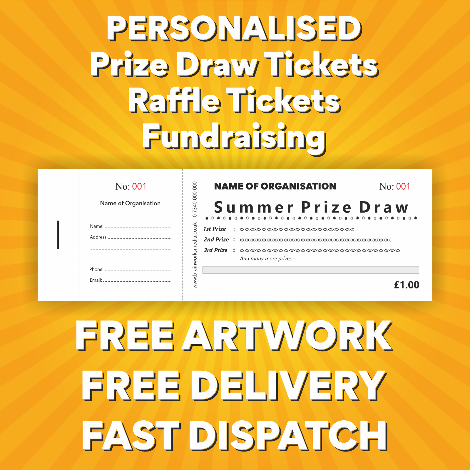 1000 PERSONALISED PRIZE DRAW TICKETS - RAFFLE TICKETS - FUNDRAISING ...