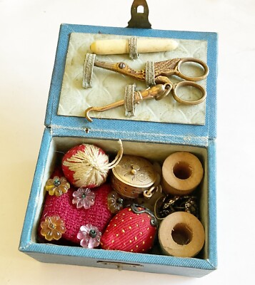 Antique Miniature Sewing Box Complete With Sewing Tools, Gold Tape ...
