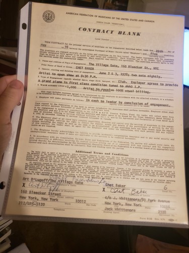 Signed Chet Baker Contract From 1978 Appearane In New York City With ...