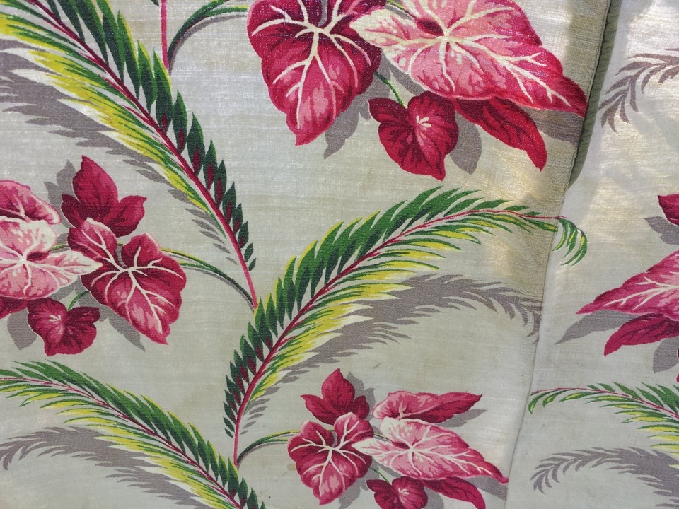 Vintage MCM BARKCLOTH Fabric Former Coverlet LG PINK Leaves Gray Green ...