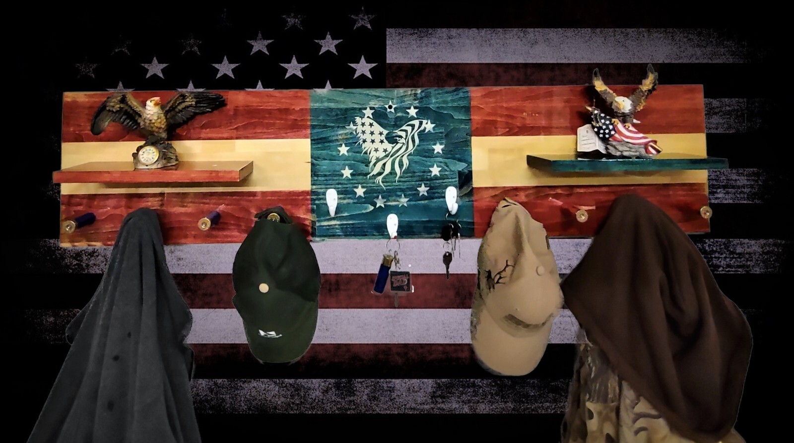 Patriotic 13 Star Rustic Flag Coat Rack Shelf Wall Hanging Shotgun ...