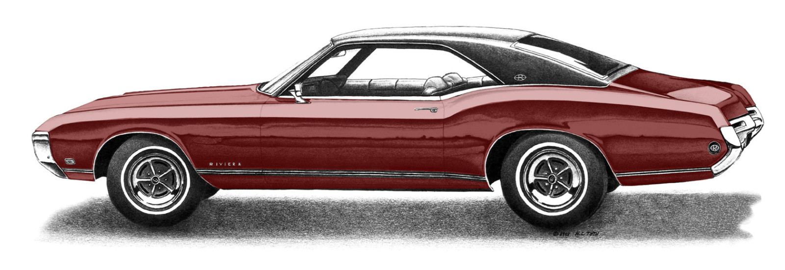 Beautiful Burgundy 1969 (69) Buick Riviera signed 11 x 17 drawing ...