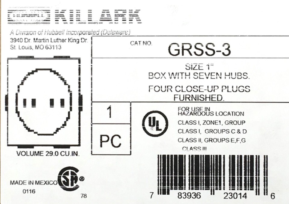 Killark GRSS-3 Explosion Proof Junction Box with (7x) 1" Hubs ...