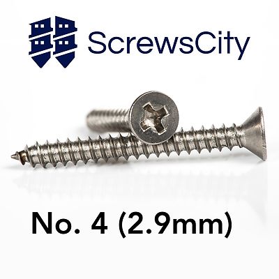 No 4 (2.9mm Ø) SELF TAPPING COUNTERSUNK SCREWS FOR METAL A2 STAINLESS ...