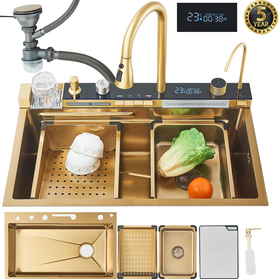 LED Kitchen Sink Set Stainless Steel Luxur Single Large Bowl Pull Out ...