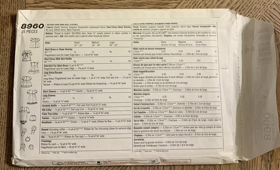Simplicity Sewing Pattern 8960 Doll Clothes 3 Sizes 12-22" Dress, Hat ...