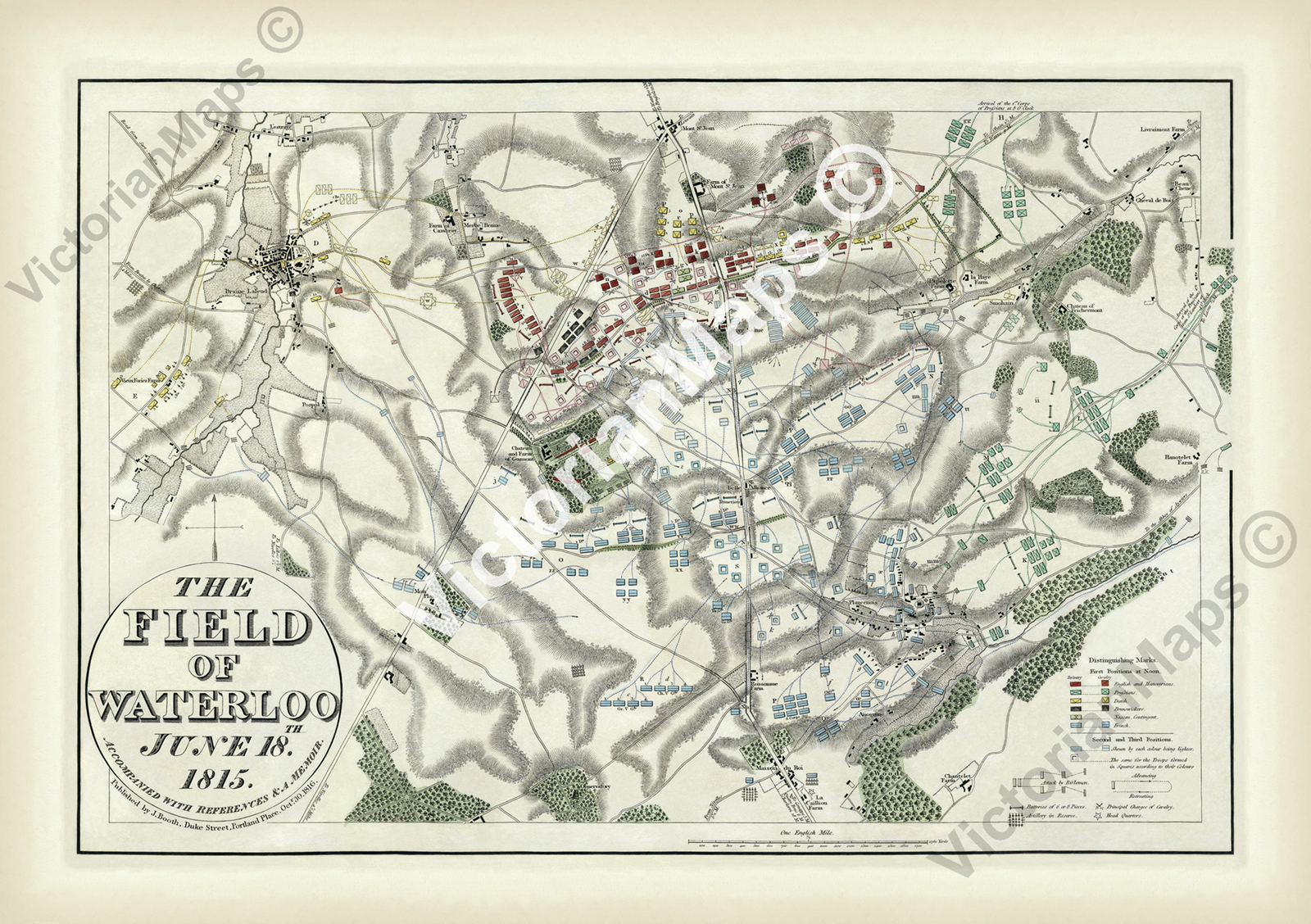 The Field of Waterloo Battle June 18th 1815 plan map Booth 1816 art ...
