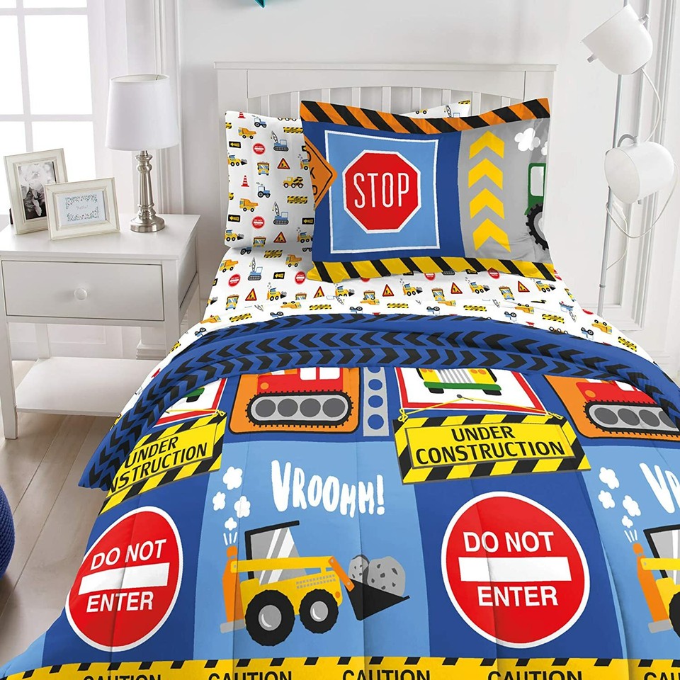 Twin Full Bed Bag Construction Trucks Street Signs Track 7pc Comforter ...