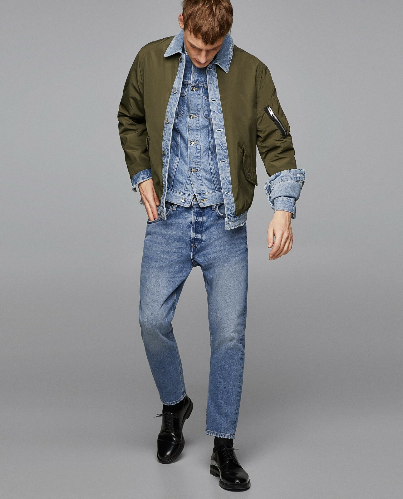 Mens Zara Man Denim Flight Jacket.S Army Green Olive bomber colorblock ...