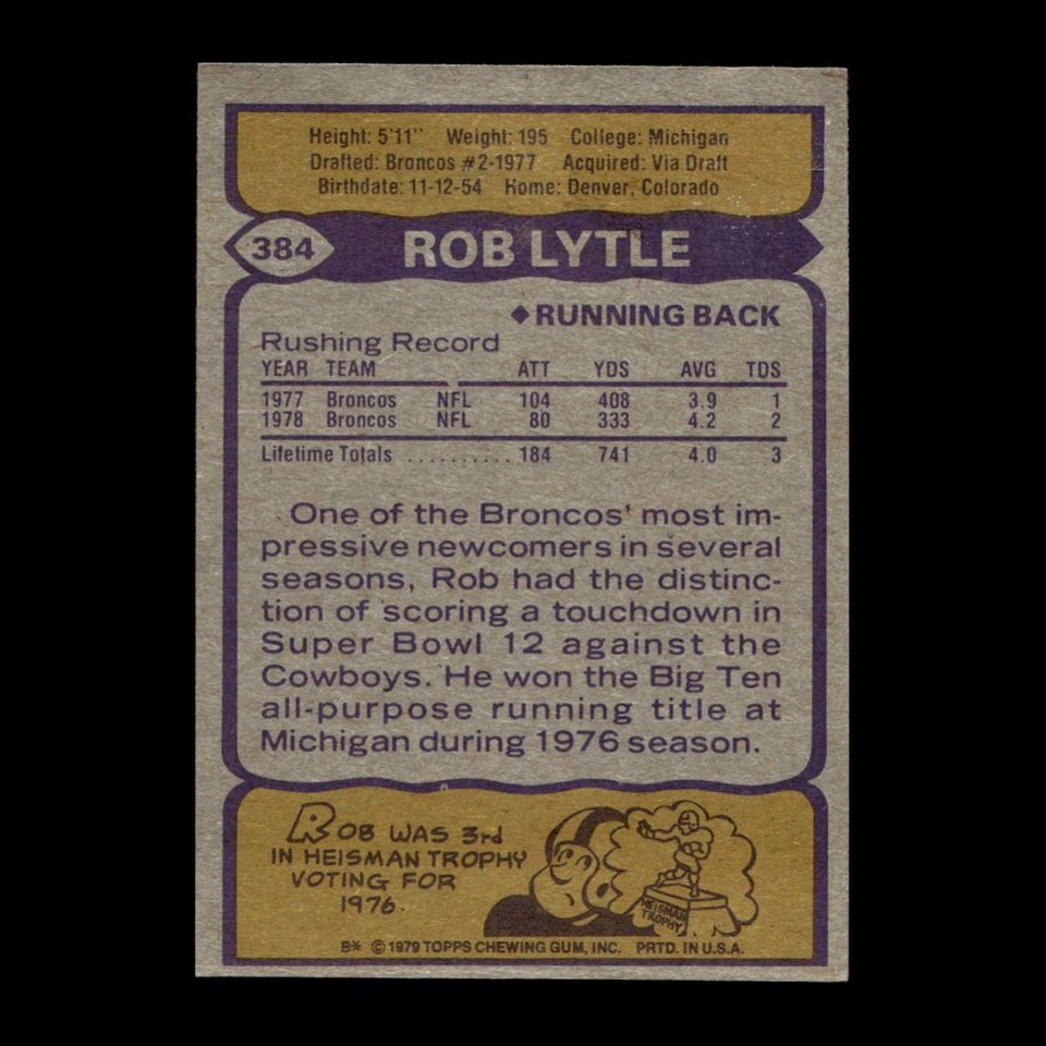 Rob Lytle 1979 Topps Denver Broncos #384 R311A 2 | eBay