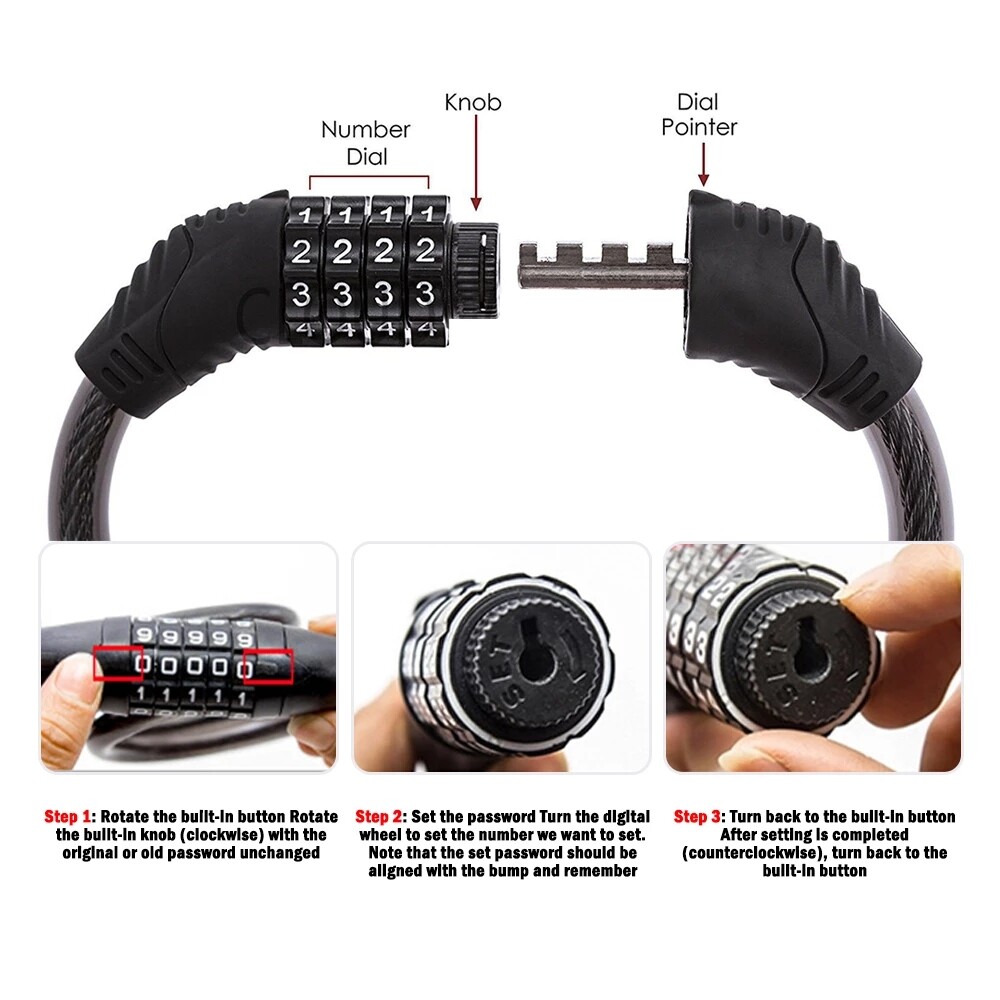 Security Cable Chain 4 Digit Password Bike Lock Combination Number ...