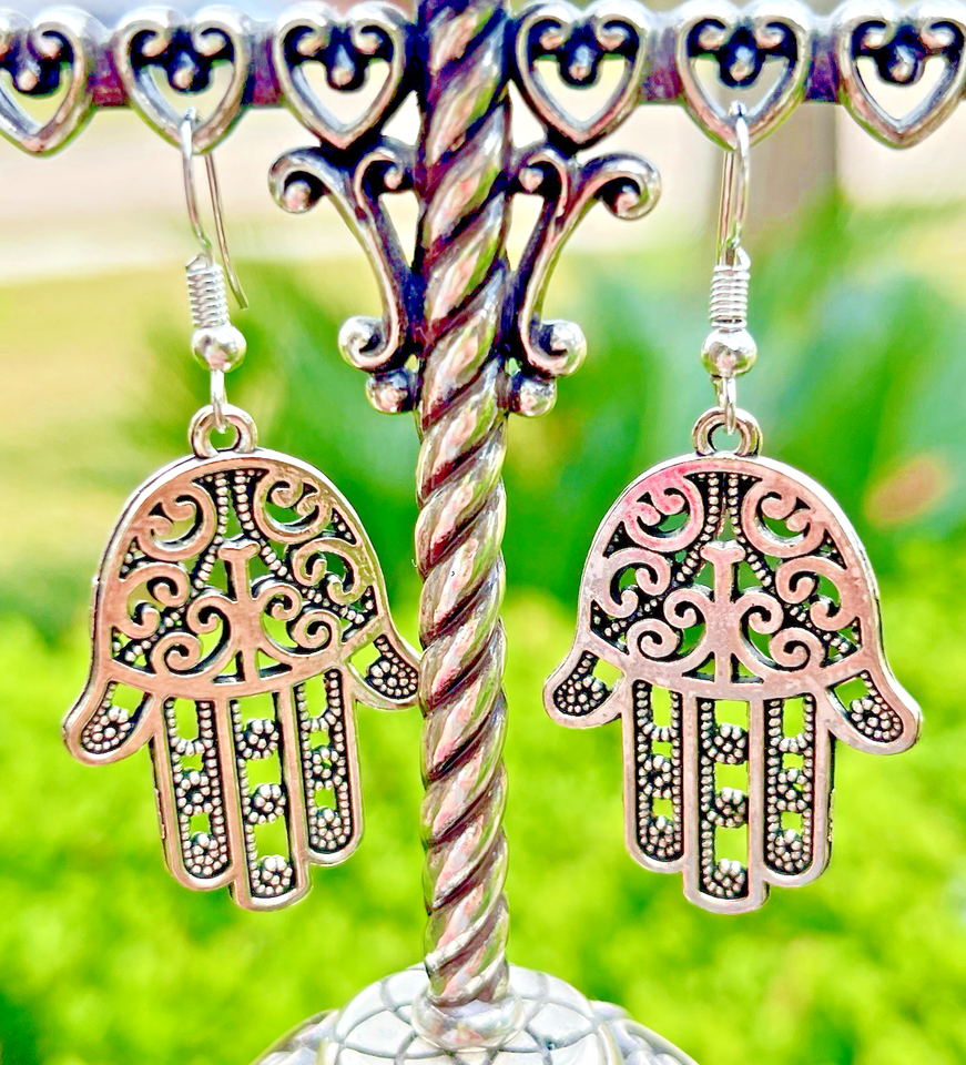 Silver Tone Hamsa Hand Earrings Dangle Hand of Fatima Protective ...