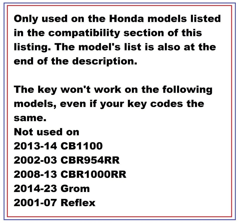 Honda Motorcycle Keys Replacement Spare Key Cut to Code 12232231 ...