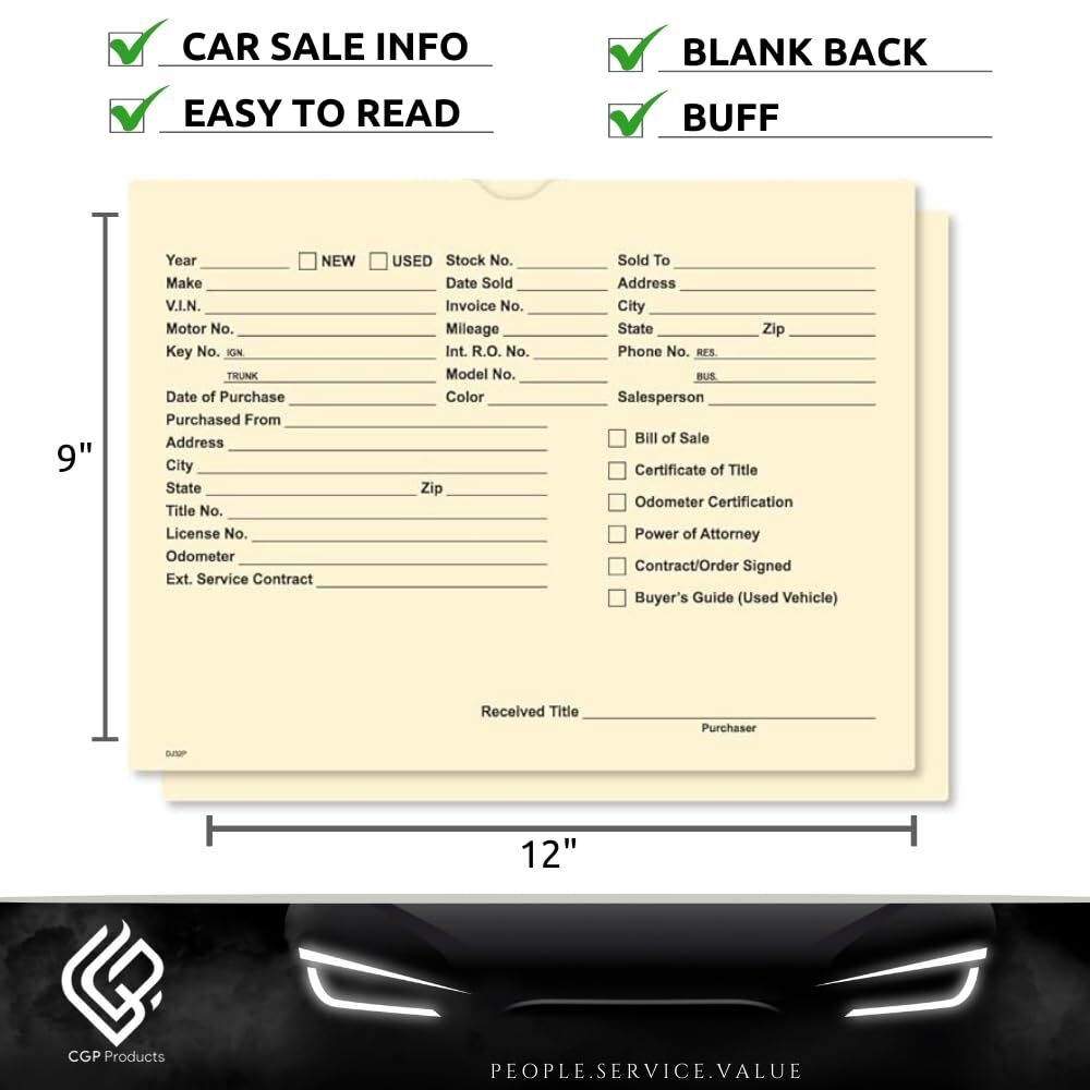 Printed Vehicle Deal Jackets Envelopes Folders for Auto Car Dealerships ...