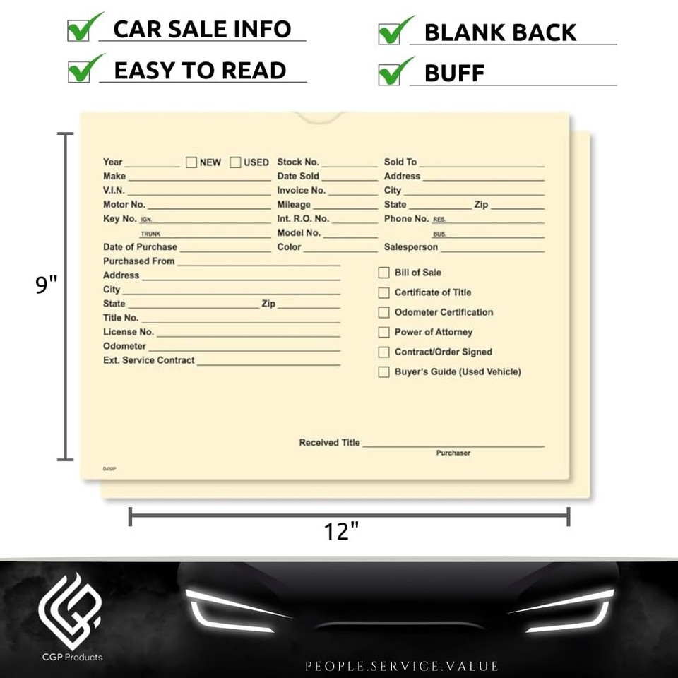 Printed Vehicle Deal Jackets Envelopes Folders for Auto Car Dealerships ...