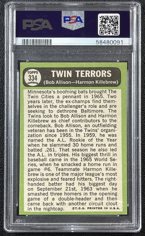 BOB ALLISON HARMON KILLEBREW PSA 8 1967 TOPPS BASEBALL #334 TWIN ...
