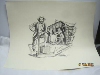 Vintage 1974 Tom Dooley Art Print Men & Mine Series 2 Men Ore Cart Ink ...