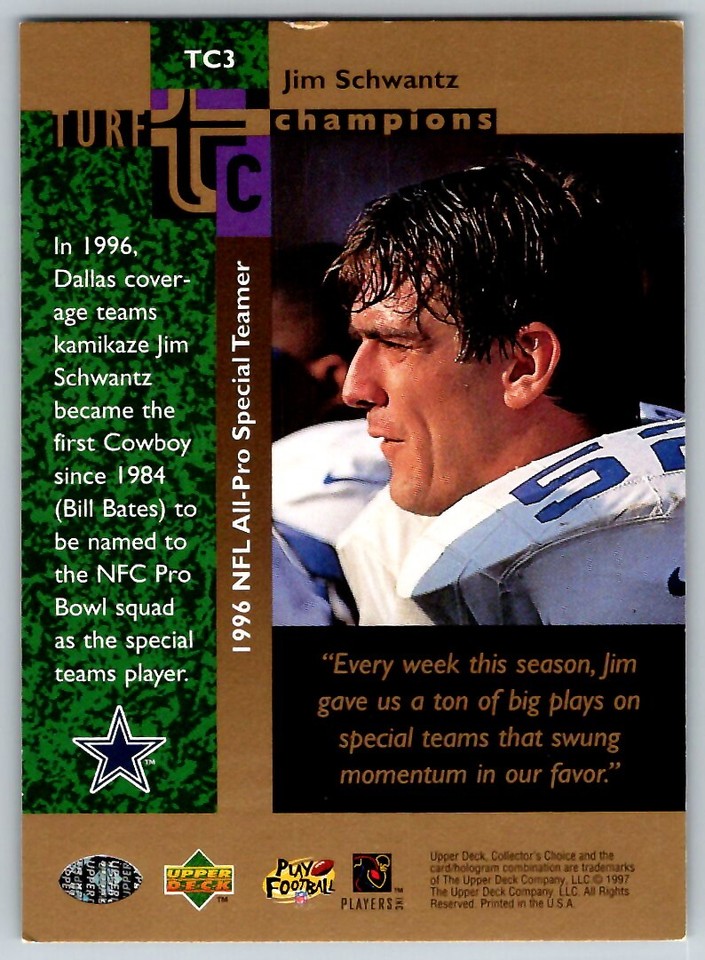 1997 COLLECTOR'S CHOICE TURF CHAMPIONS JIM SCHWANTZ DALLAS COWBOYS #TC3 ...