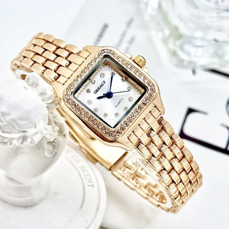 GREALY Classic Retro Square Waterproof Women's Diamond-embedded Watch ...