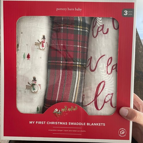 Pottery Barn Baby First Christmas Muslin Swaddle Blanket Set New In Box ...