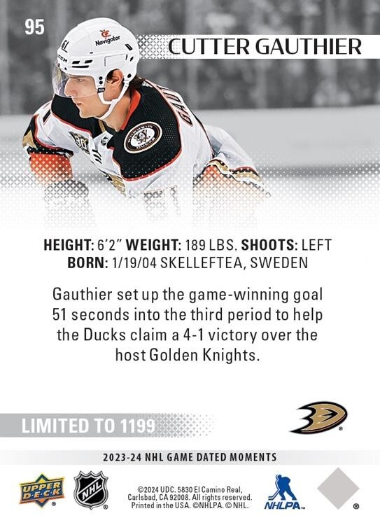 PRESALE Cutter Gauthier Debut Rookie -2024 UD NHL Game Dated Moments RC ...