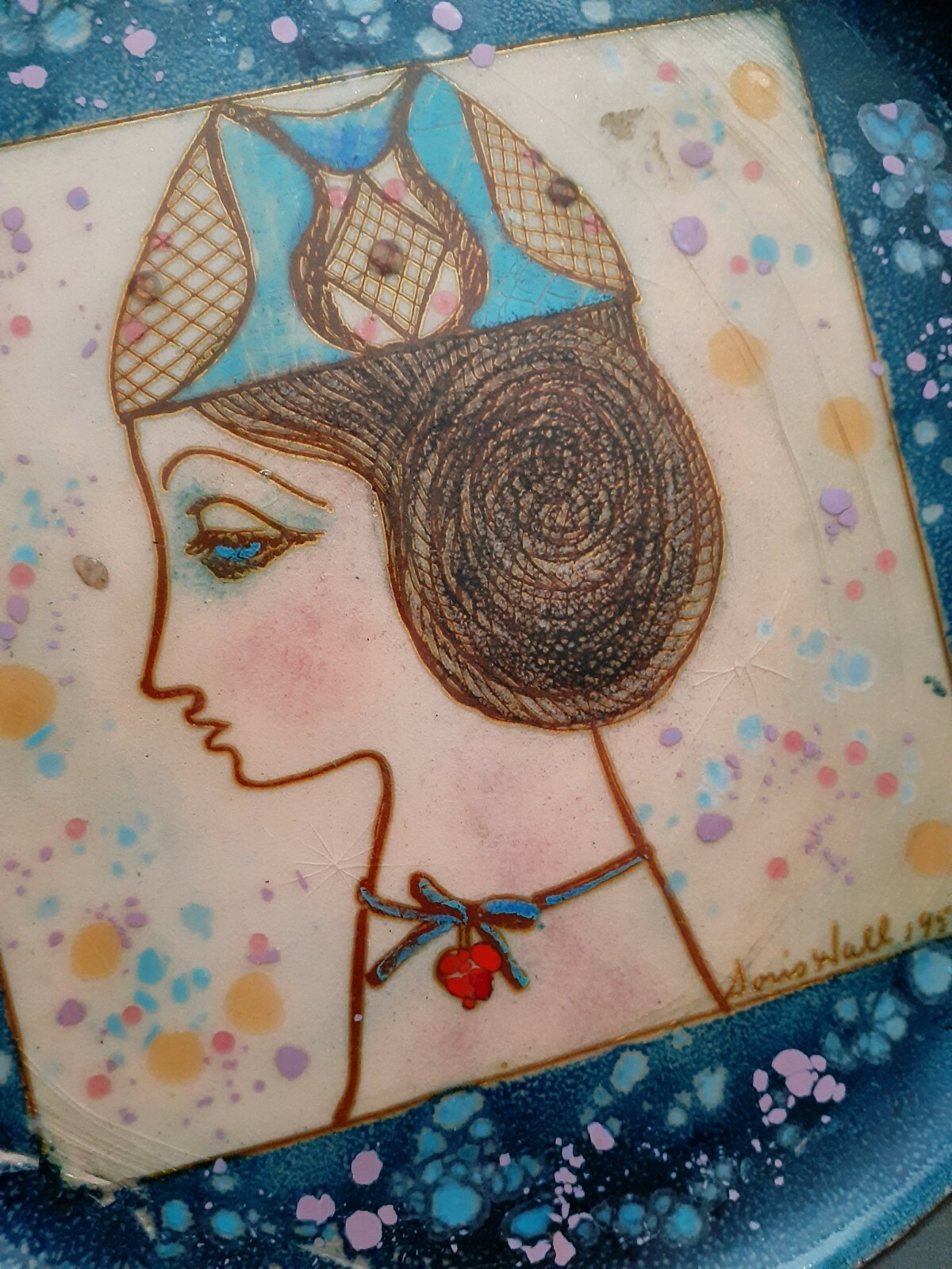 Original Doris Hall enamel on copper Art Deco portrait plate, 8 inches ...