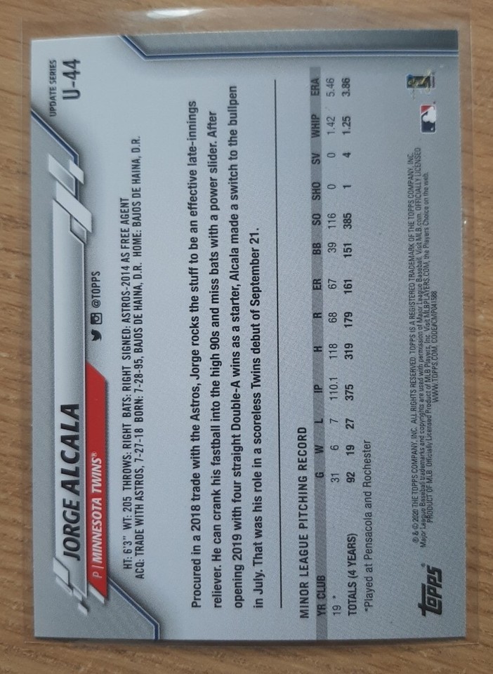 2020 TOPPS UPDATE JORGE ALCALA ROOKIE #44 MINNESOTA TWINS | eBay