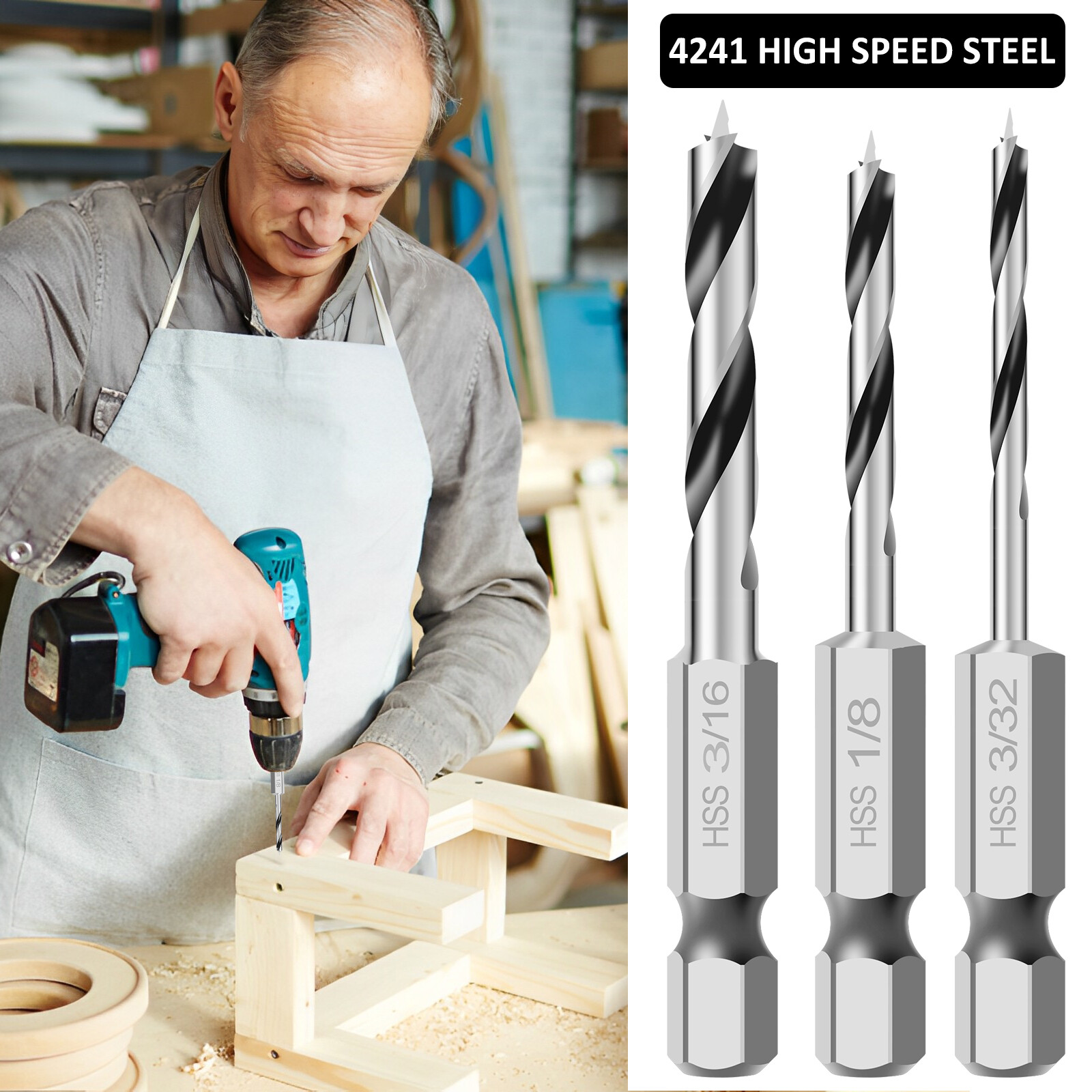 6Pcs Brad Point Drill Bit Set HSS Wood Drill Bit 1/4" Hex Shank Sharp ...