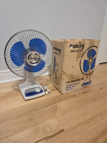 Vintage 80s Retro Oscillating Table Fan Blue Blades 9" Galaxy Works! In ...