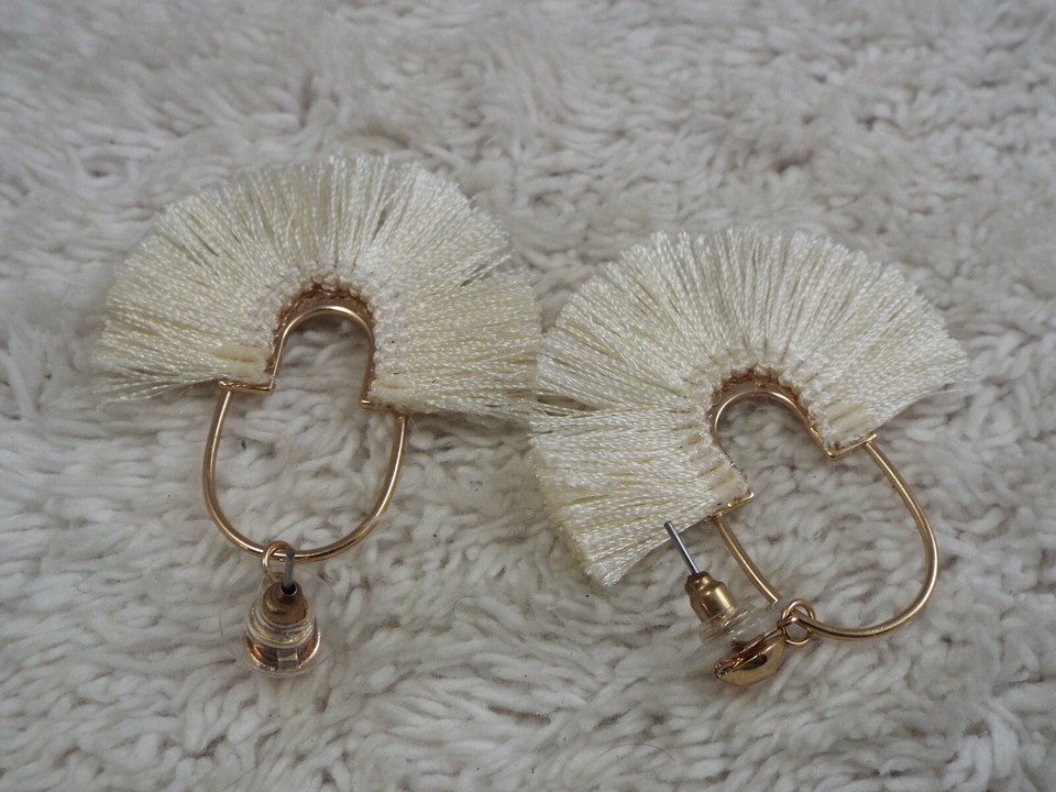 Goldtone Cream String Fringe Loop Pierced Earrings (D19) | eBay