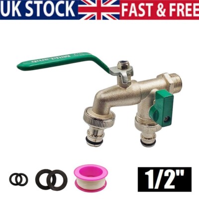 Garden Outdoor Double 3/4" 1/2" BSP Outlets Tap Ball Valve Faucet Brass ...