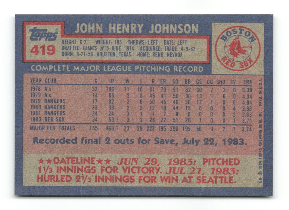 1984 Topps John Henry Johnson #419 Boston Red Sox Baseball Card | eBay