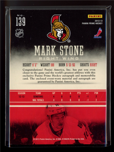 2012 PANINI PRIME #139 MARK STONE HOLOSILVER QUAD PATCH AUTO ROOKIE /50 ...