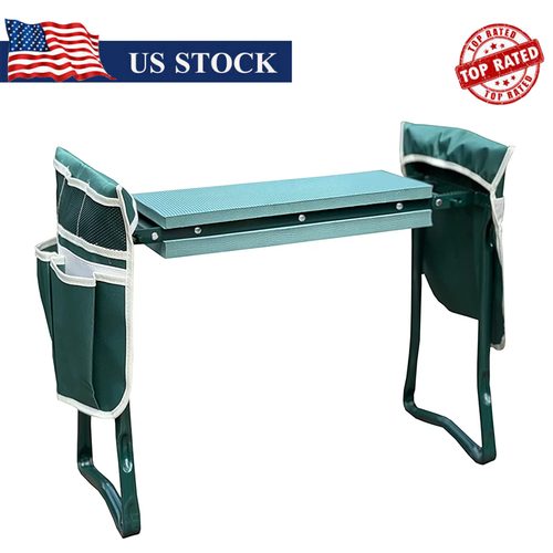 Folding Spring Mechanism Garden Bench Stool 11 Pouche W/ Kneeling Pad ...