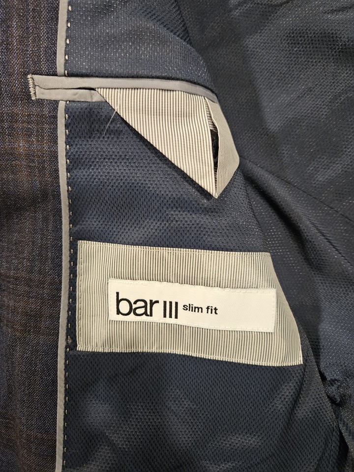 Bar III Men's Slim Fit Suit Jacket Blazer 36R Blue Brown Plaid Wool ...